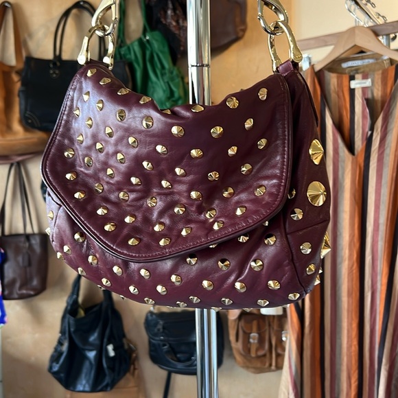 be&d | Bags | Bed Leather Studded Handbag Gold Studding Burgundy ...